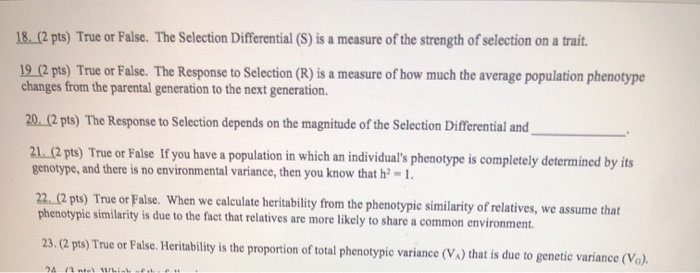 Solved 18. (2 pts) True or False. The Selection Differential | Chegg.com