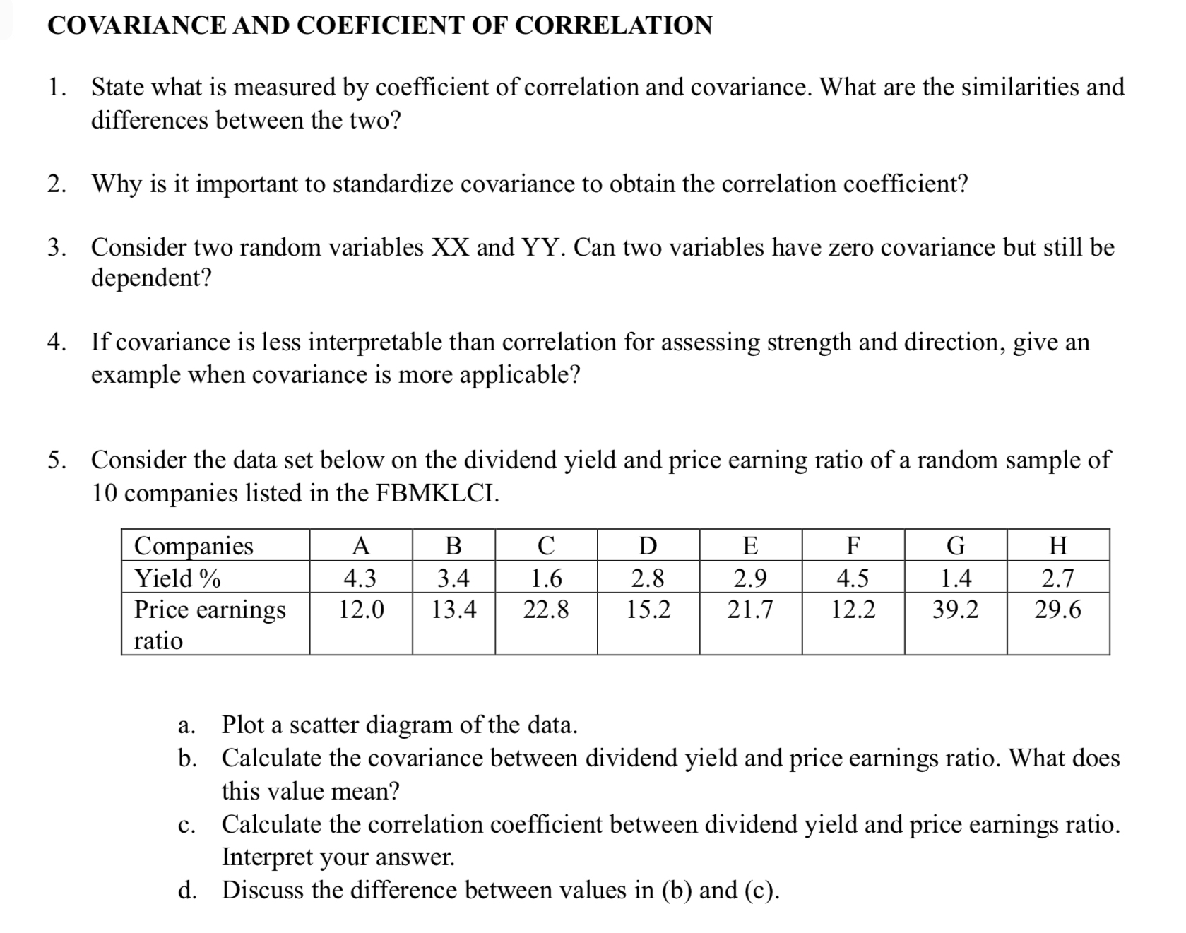 Solved COVARIANCE AND COEFICIENT OF CORRELATIONState what is | Chegg.com
