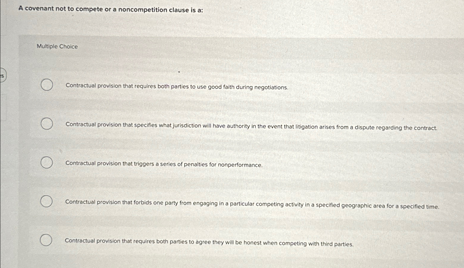 Solved A covenant not to compete or a noncompetition clause | Chegg.com