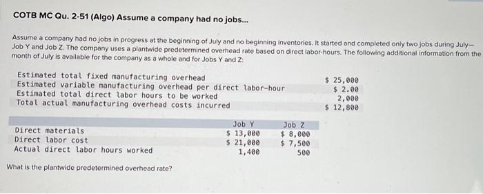 Solved COTB MC Qu. 2-51 (Algo) Assume a company had no | Chegg.com