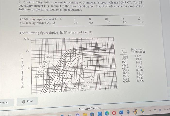 Solved 2. A CO-8 relay with a current tap setting of 5 | Chegg.com