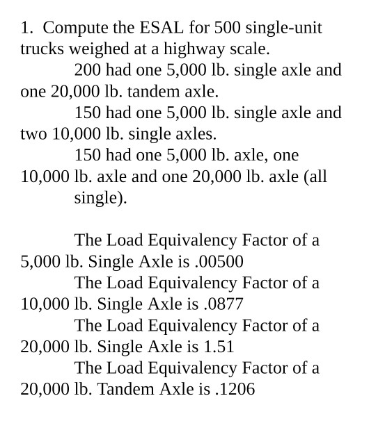 Solved 1. Compute the ESAL for 500 single-unit trucks | Chegg.com