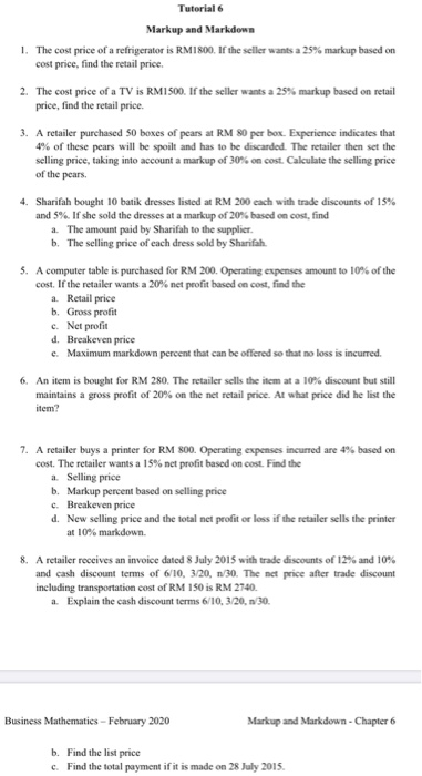 Solved Tutorial Markup and Markdown 1. The cost price of a | Chegg.com