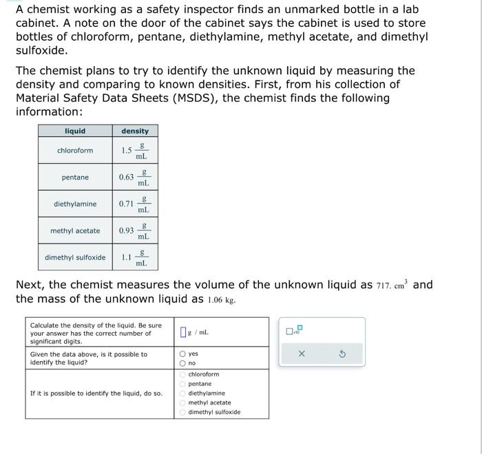Solved A chemist working as a safety inspector finds an | Chegg.com