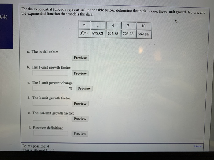 Solved For the exponential function represented in the table | Chegg.com