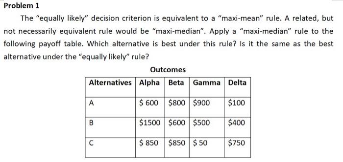 Solved Problem 1 The "equally likely" decision criterion is | Chegg.com