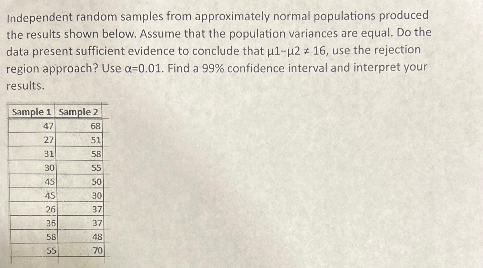 Solved Independent random samples from approximately normal | Chegg.com