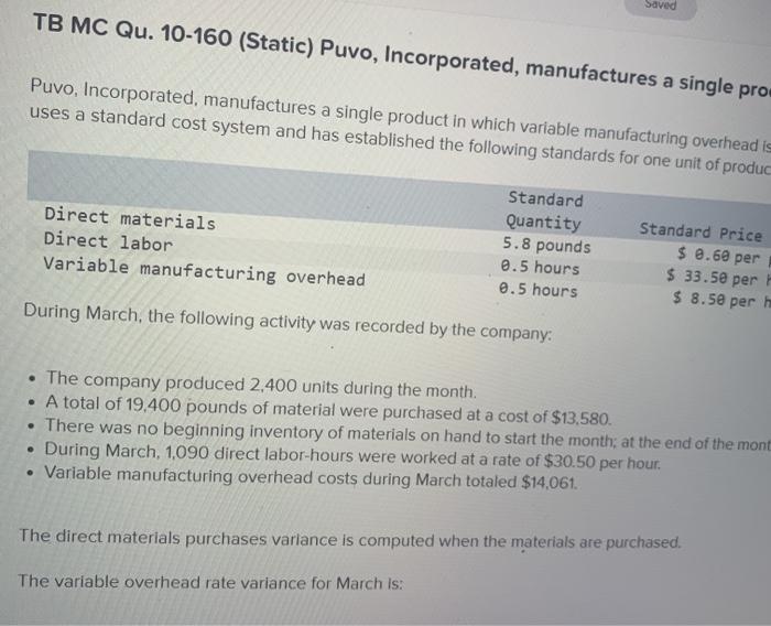 Solved Saved TB MC Qu. 10-160 (Static) Puvo, Incorporated, | Chegg.com Solved Saved TB MC Qu. 10-160 (Static) Puvo, Incorporated, | Chegg.com
