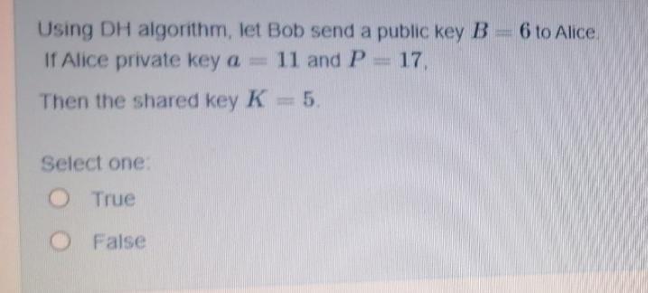 Solved Using DH algorithm, let Bob send a public key B = 6 | Chegg.com