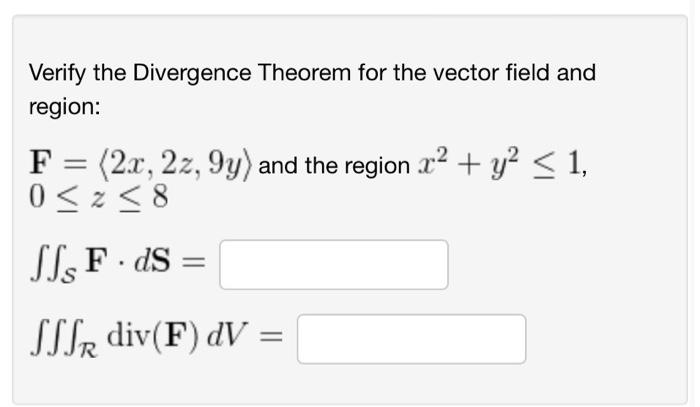 Solved Verify the Divergence Theorem for the vector field | Chegg.com