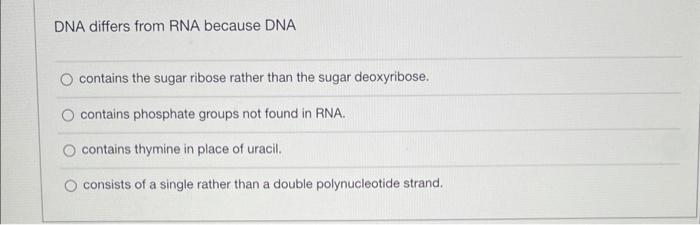 Solved DNA differs from RNA because DNA contains the sugar | Chegg.com
