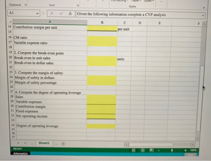 Solved Cvp Analysis Using Excels Basic Math Functions 1