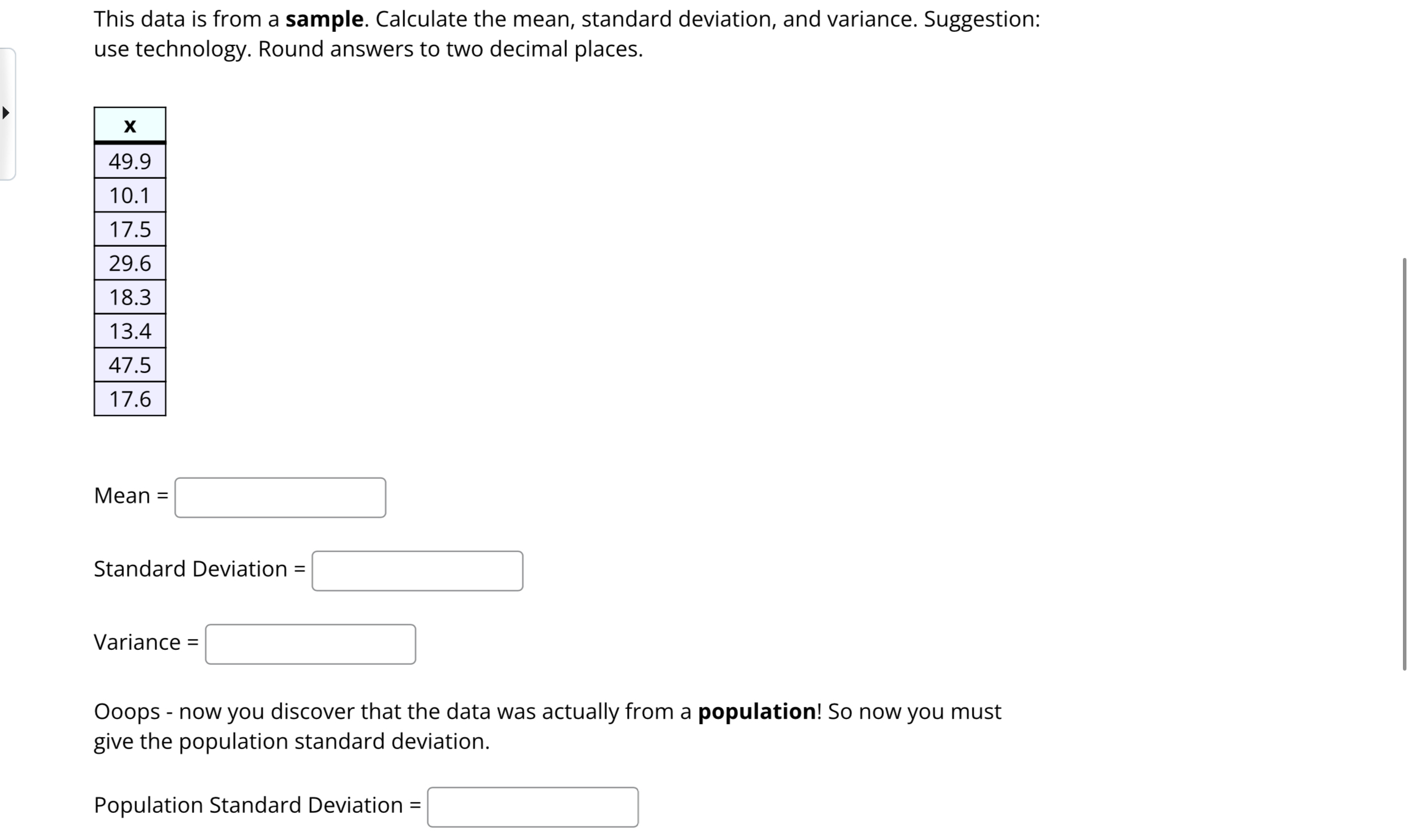 Solved This data is from a sample. Calculate the mean, | Chegg.com