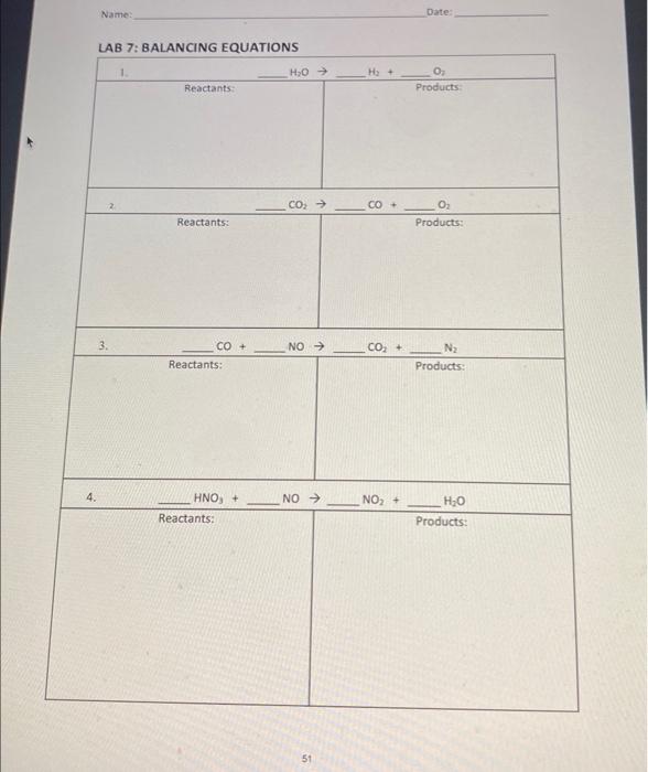 Solved Name: Date: LAB 7: BALANCING EQUATIONS 51 | Chegg.com