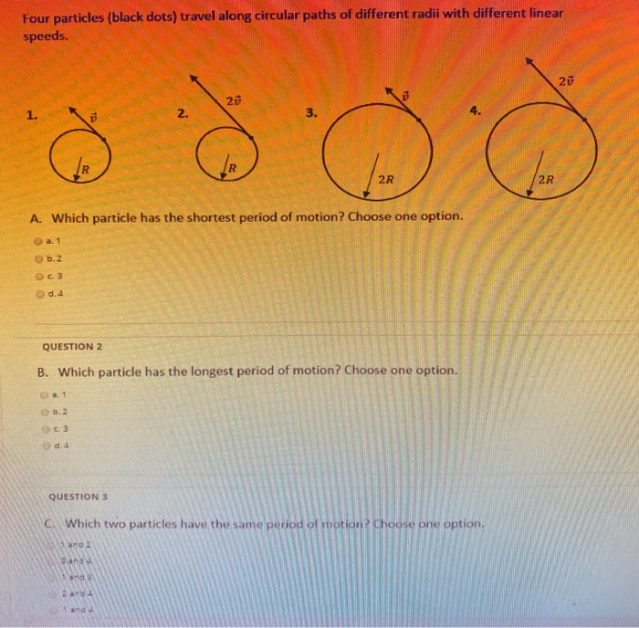 Solved Four particles (black dots) travel along circular | Chegg.com