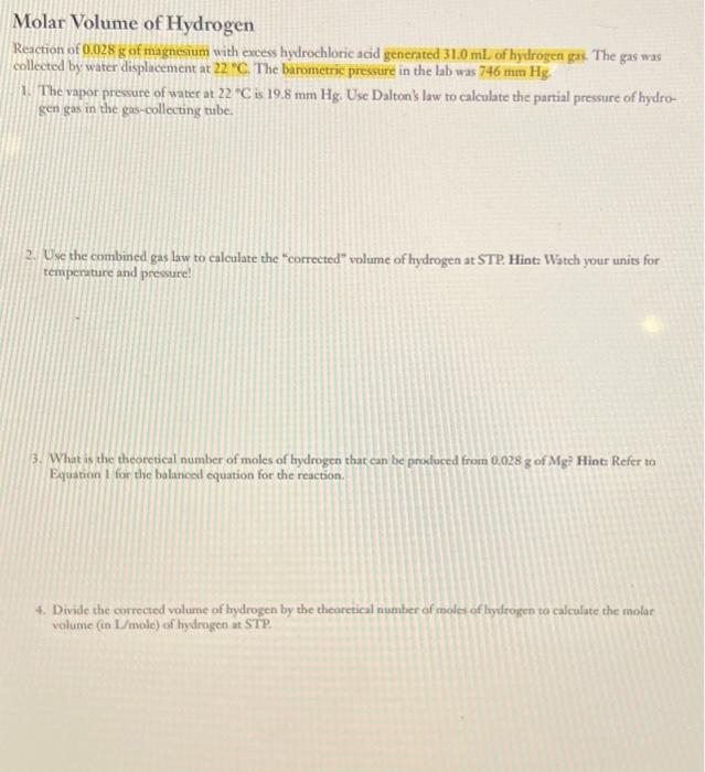 Solved Molar Volume of Hydrogen Reaction of 0.028 g of | Chegg.com