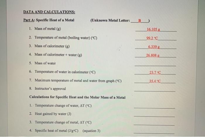 Solved DATA AND CALCULATIONS: Part A: Specific Heat of a | Chegg.com