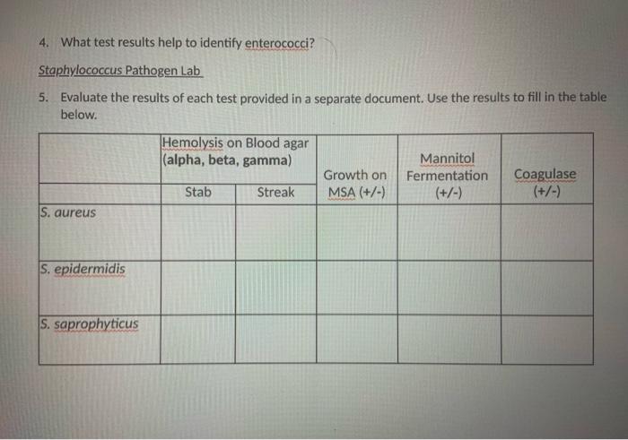 Solved 4. What test results help to identify enterococci? | Chegg.com