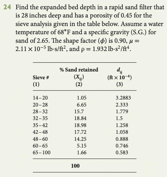 Solved 24 Find the expanded bed depth in a rapid sand filter | Chegg.com