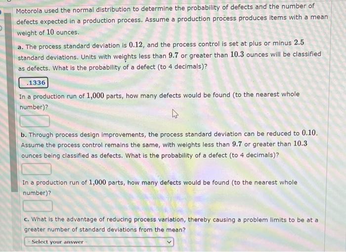 Solved Motorola used the normal distribution to determine | Chegg.com