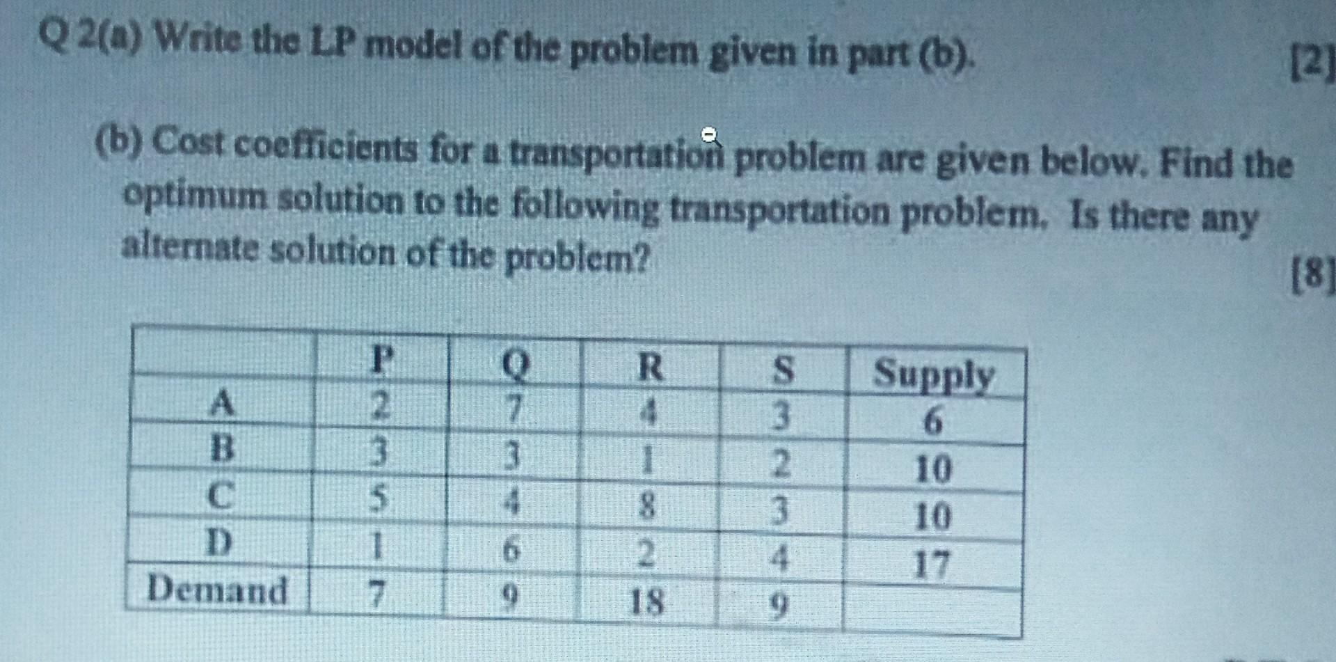 Solved 2(a) Write the LP model of the problem given in part | Chegg.com