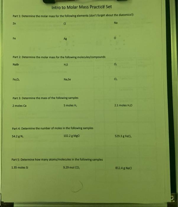 Solved Intro to Molar Mass Practice Set Part 1: Determine | Chegg.com