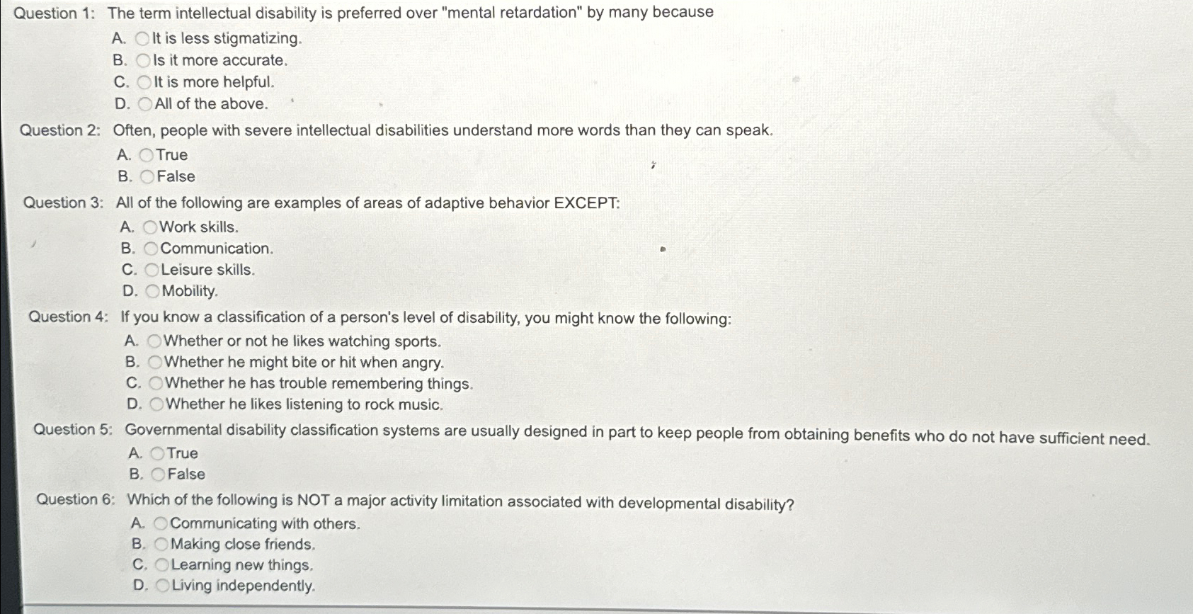 Solved Question 1: The term intellectual disability is | Chegg.com