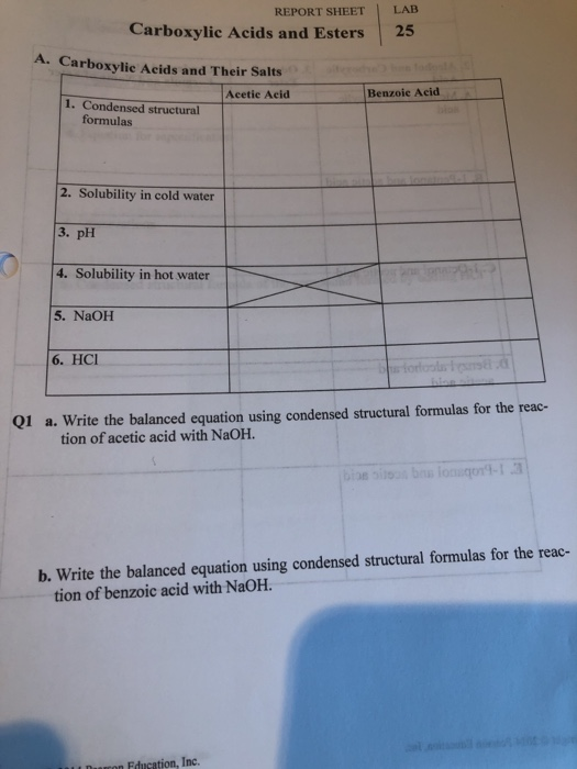 Solved REPORT SHEET Carboxylic Acids and Esters LAB 25 A. | Chegg.com