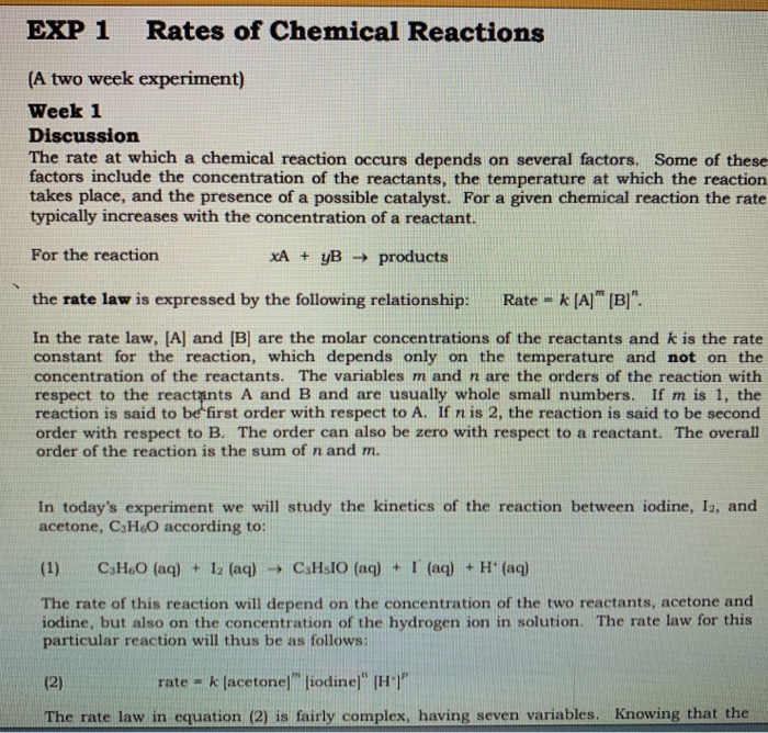 EXP 1 Rates of Chemical Reactions (A two week | Chegg.com