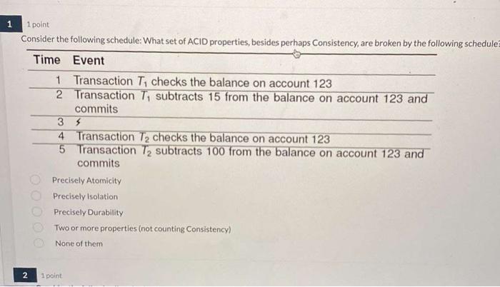 Solved 1 point Consider the following schedule: What set of | Chegg.com