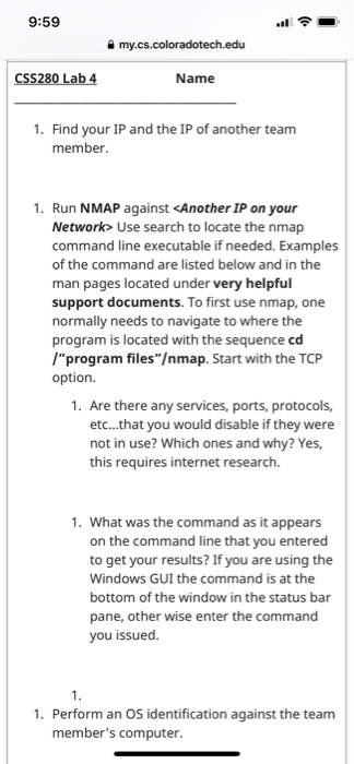 Solved 9:59 my.cs.coloradotech.edu CSS280 Lab 4 Name 1. Find | Chegg.com
