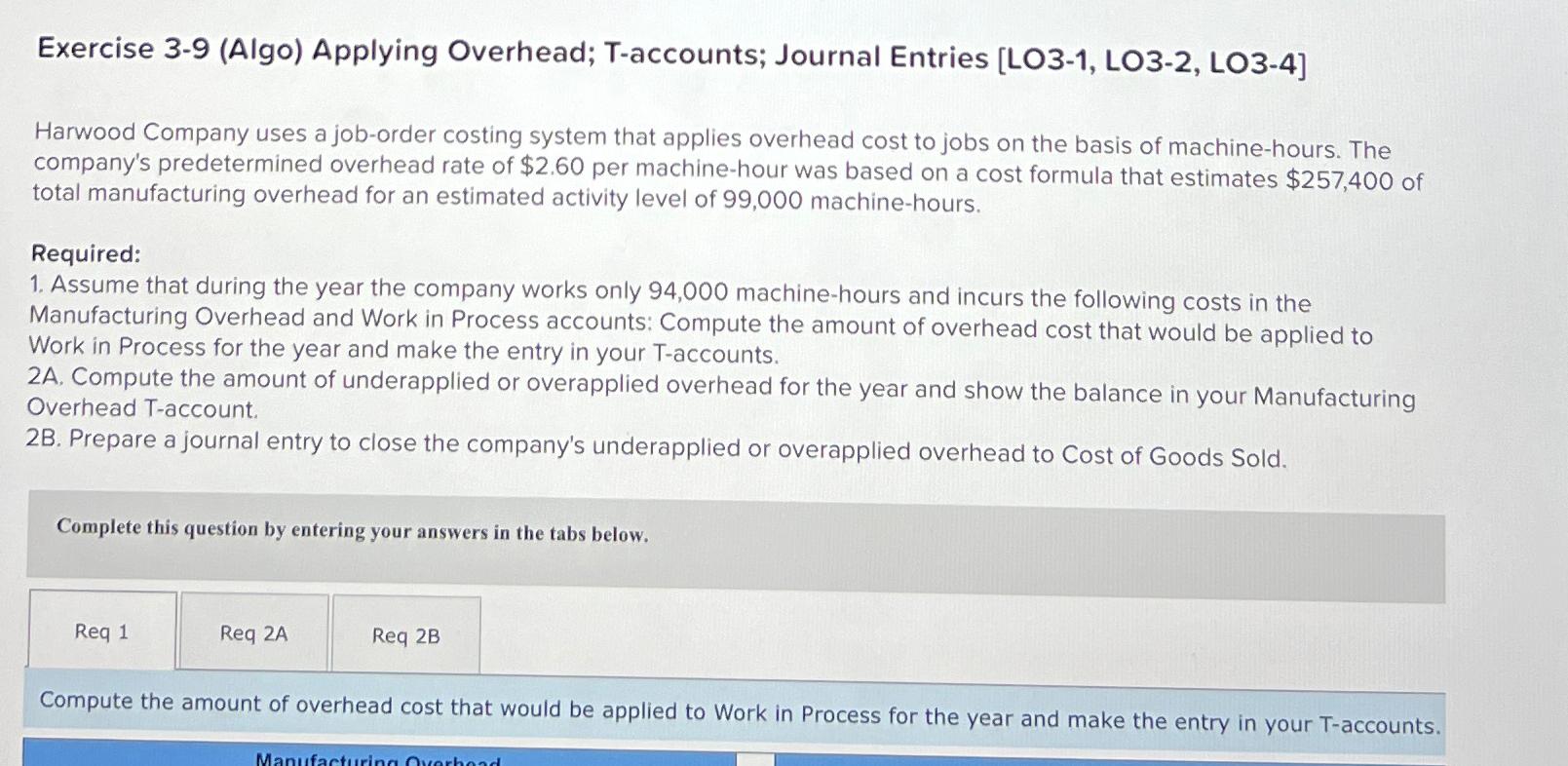 Solved Exercise 3-9 (Algo) ﻿Applying Overhead; T-accounts; | Chegg.com