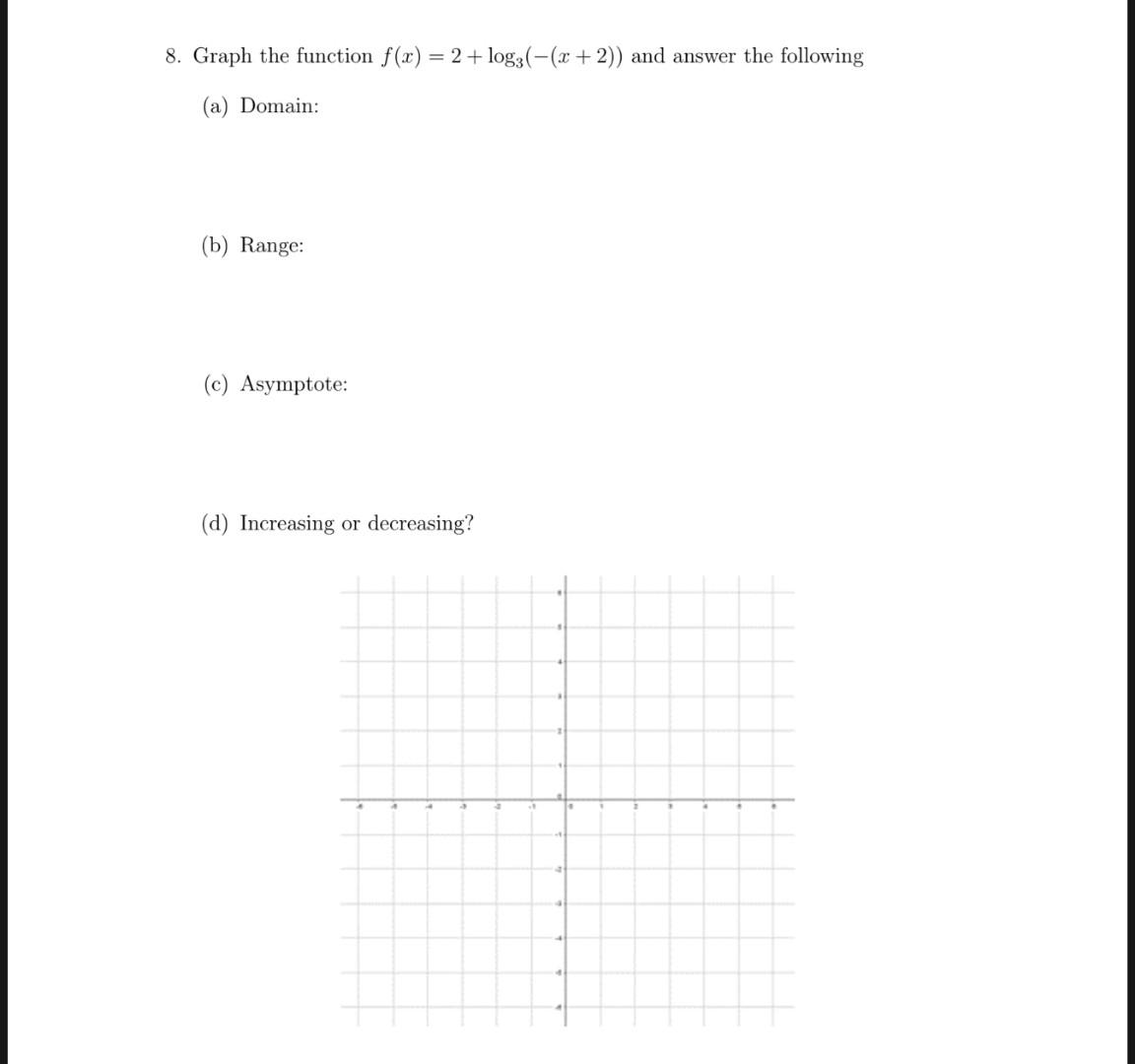 Solved 8. Graph the function f(x)=2+log3(−(x+2)) and answer | Chegg.com