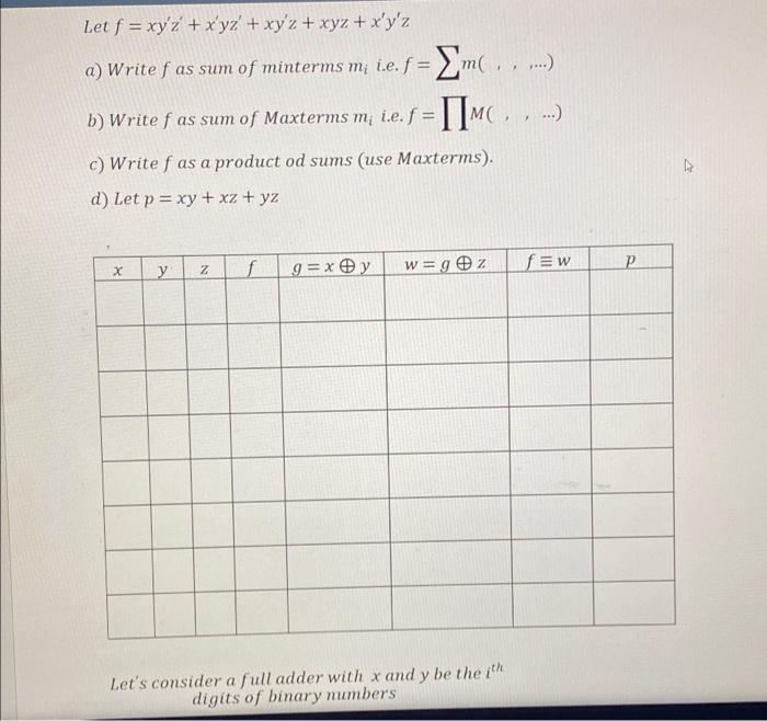 Solved Let f = xy'z + x'yz + xy'z + xyz + x'y'z a) Write f | Chegg.com Solved Let f = xy'z + x'yz + xy'z + xyz + x'y'z a) Write f | Chegg.com