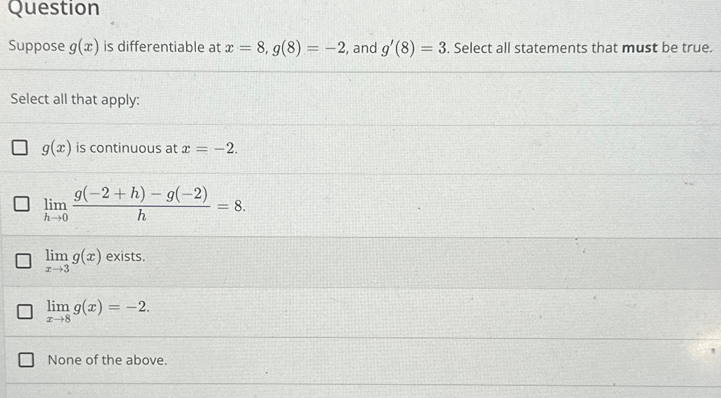 Solved QuestionSuppose g(x) ﻿is differentiable at | Chegg.com