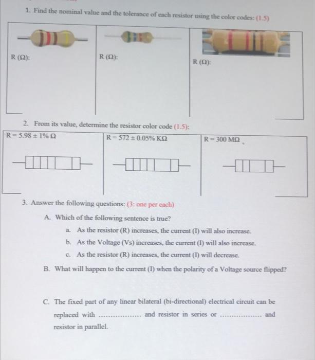 Solved 1. Find the nominal value and the tolerance of each | Chegg.com