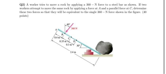 Solved Q2) A worker tries to move a rock by applying a 360−N | Chegg.com