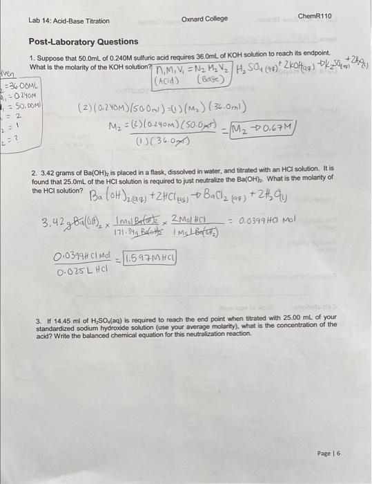 Solved Post-Laboratory Questions 1. Suppose that 50.0 mL of | Chegg.com