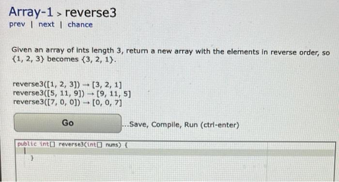 Solved Array-1 > reverse 3 prev | next | chance Given an | Chegg.com