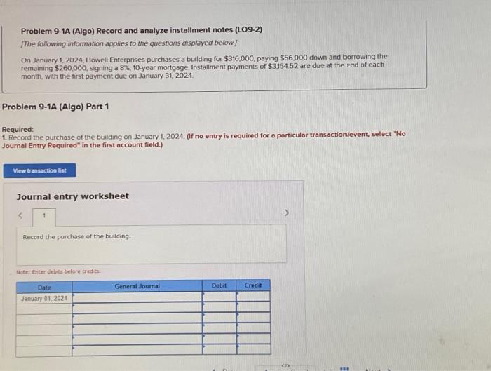 Solved Problem 9-1A (Algo) Record and analyze installment | Chegg.com