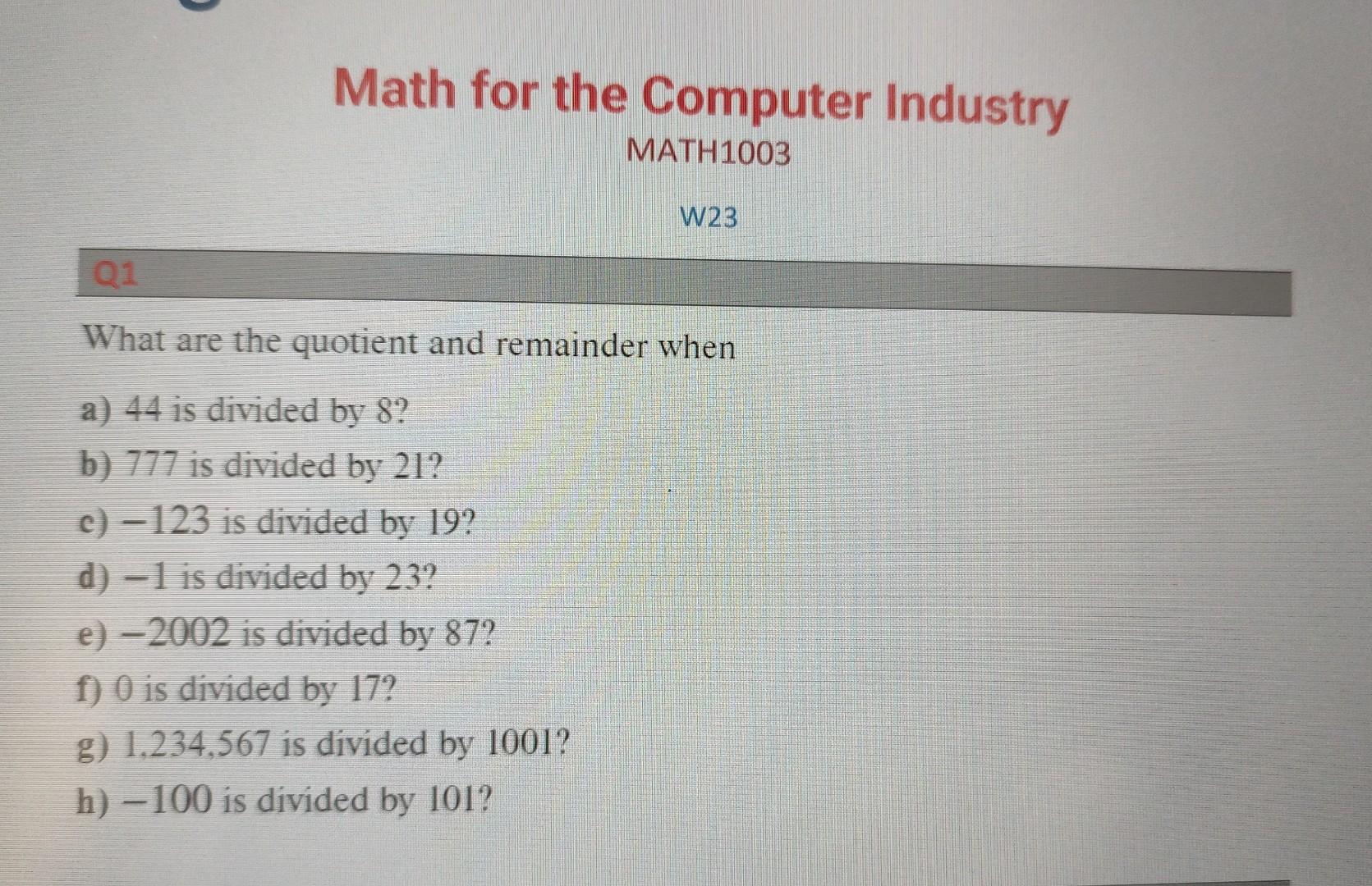 Solved Math for the Computer Industry MATH1003 W23 Q1 What | Chegg.com
