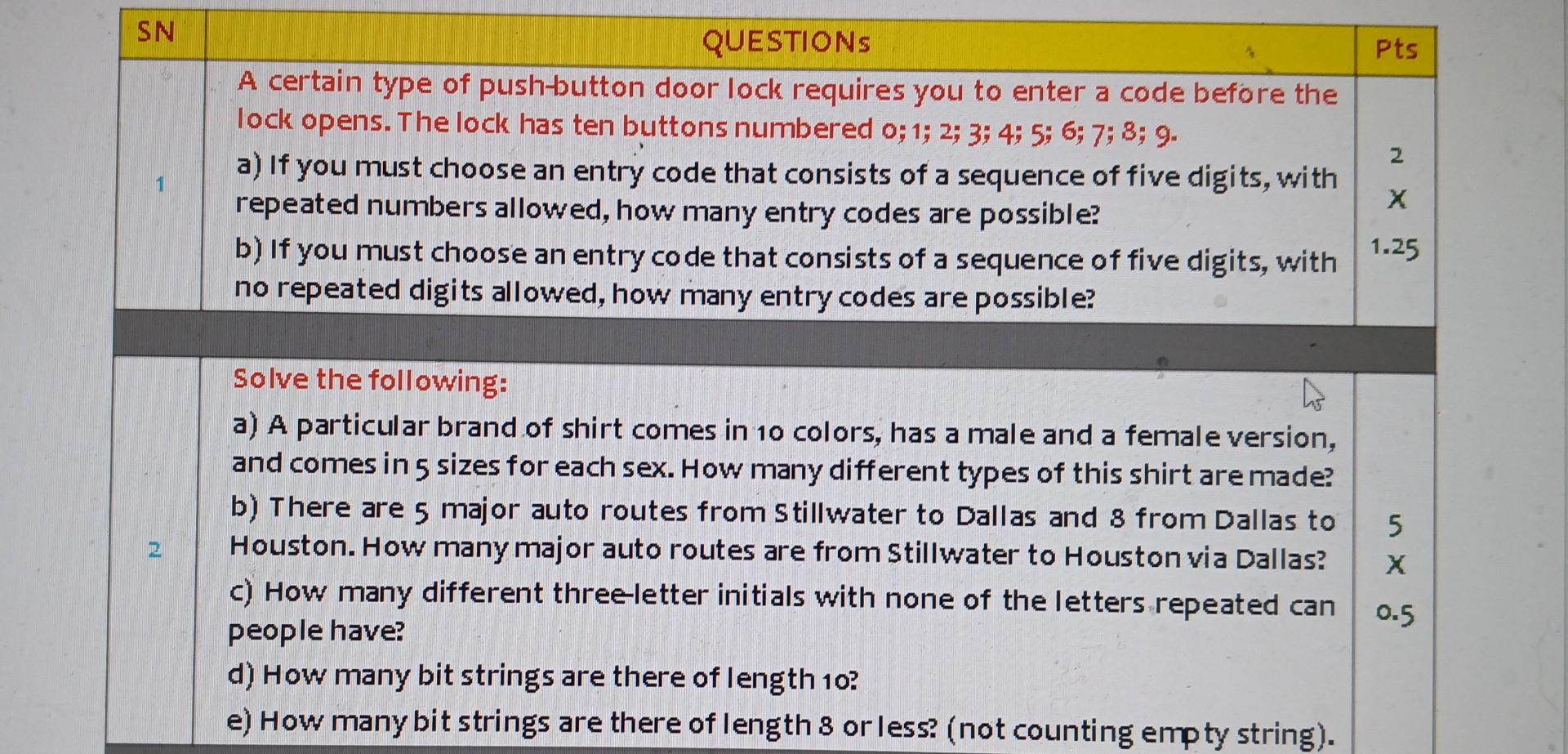 Solved QUESTIONs A certain type of push-button door lock | Chegg.com