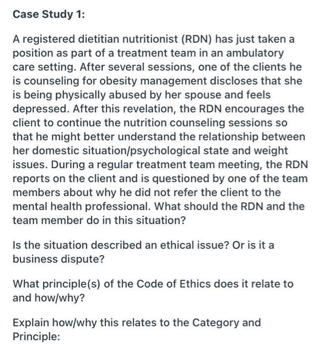 Solved Case Study 1: A registered dietitian nutritionist | Chegg.com