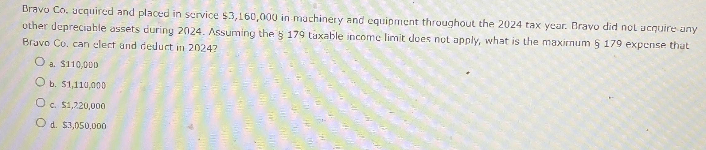 Solved Bravo Co. ﻿acquired and placed in service $3,160,000 | Chegg.com