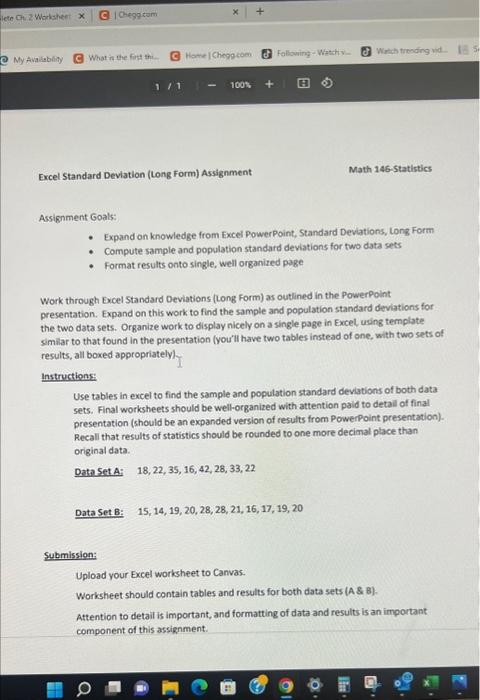 Excel Standard Deviation (Long Form) Assignment Math | Chegg.com