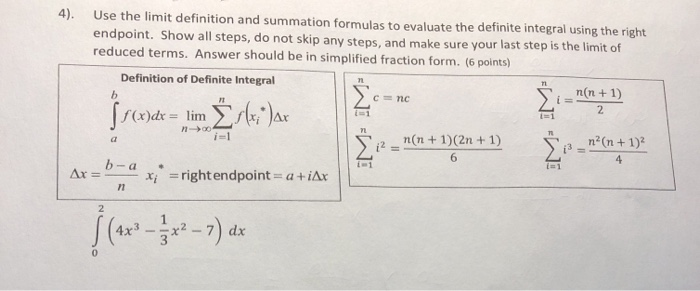 Solved 4). Use the limit definition and summation formulas | Chegg.com