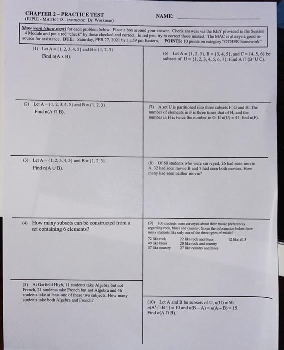 Solved CHAPTER 2 - PRACTICE TEST NAME: (IUPUI - MATH 118 - | Chegg.com