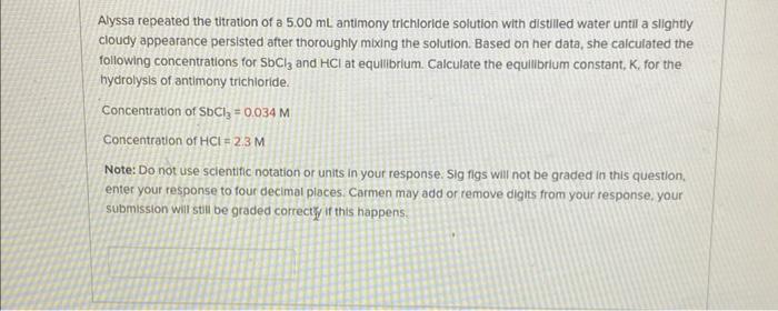 Solved Alyssa repeated the titration of a 5.00 mL antimony | Chegg.com