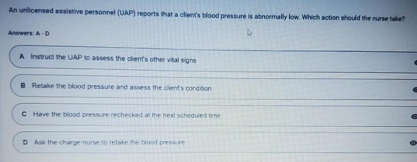 Solved An unlicensed assistive personnel (UAP) ﻿reports that | Chegg.com