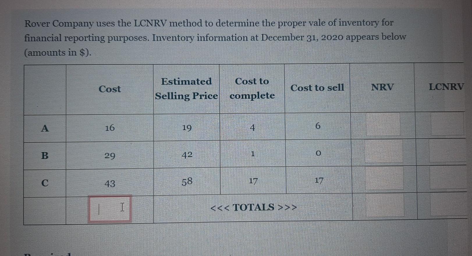 Solved Rover Company uses the LCNRV method to determine the | Chegg.com